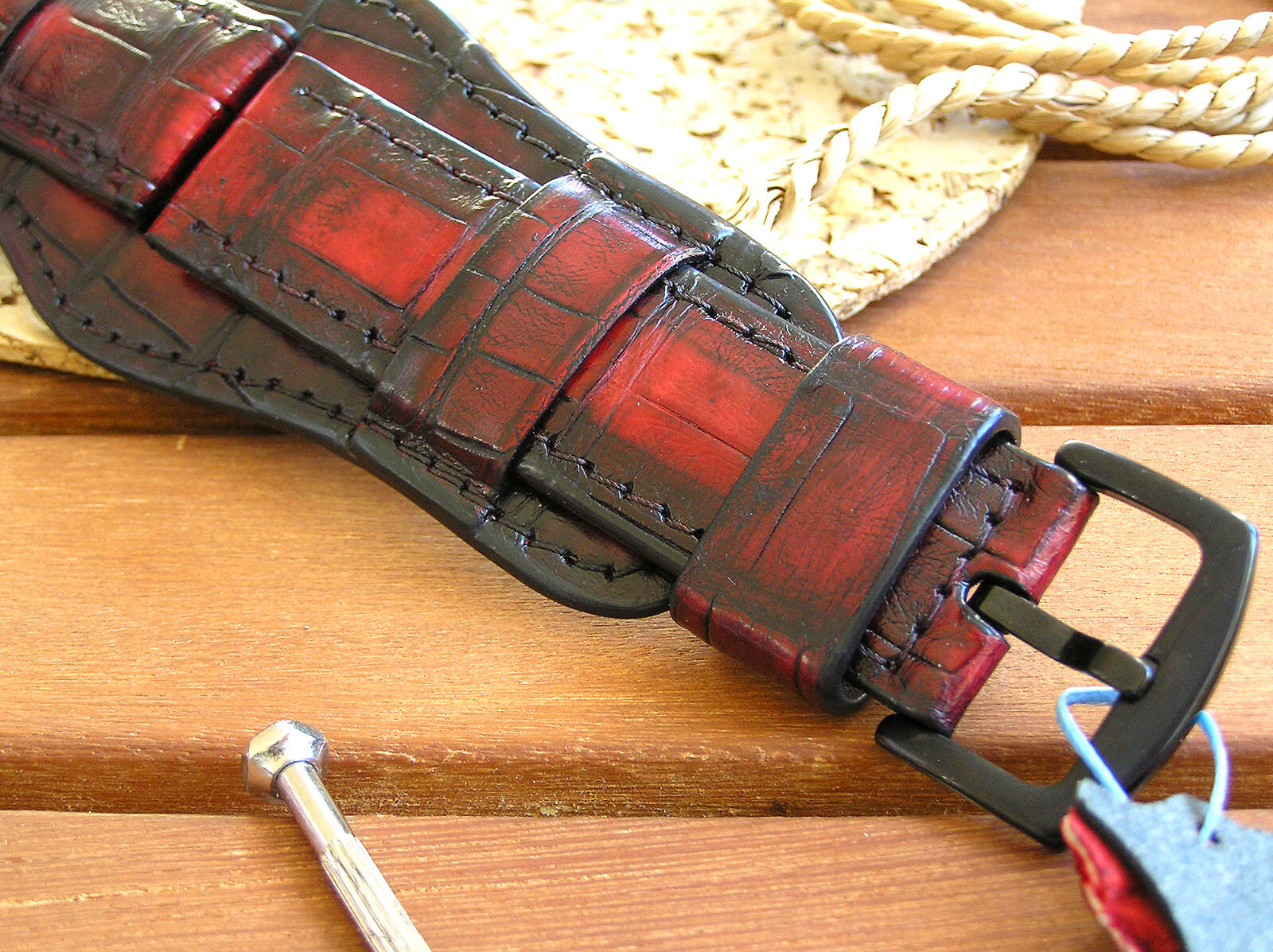 24mm Red & Black Aligator Genuine Leather WristWatch Strap Bracelet ...