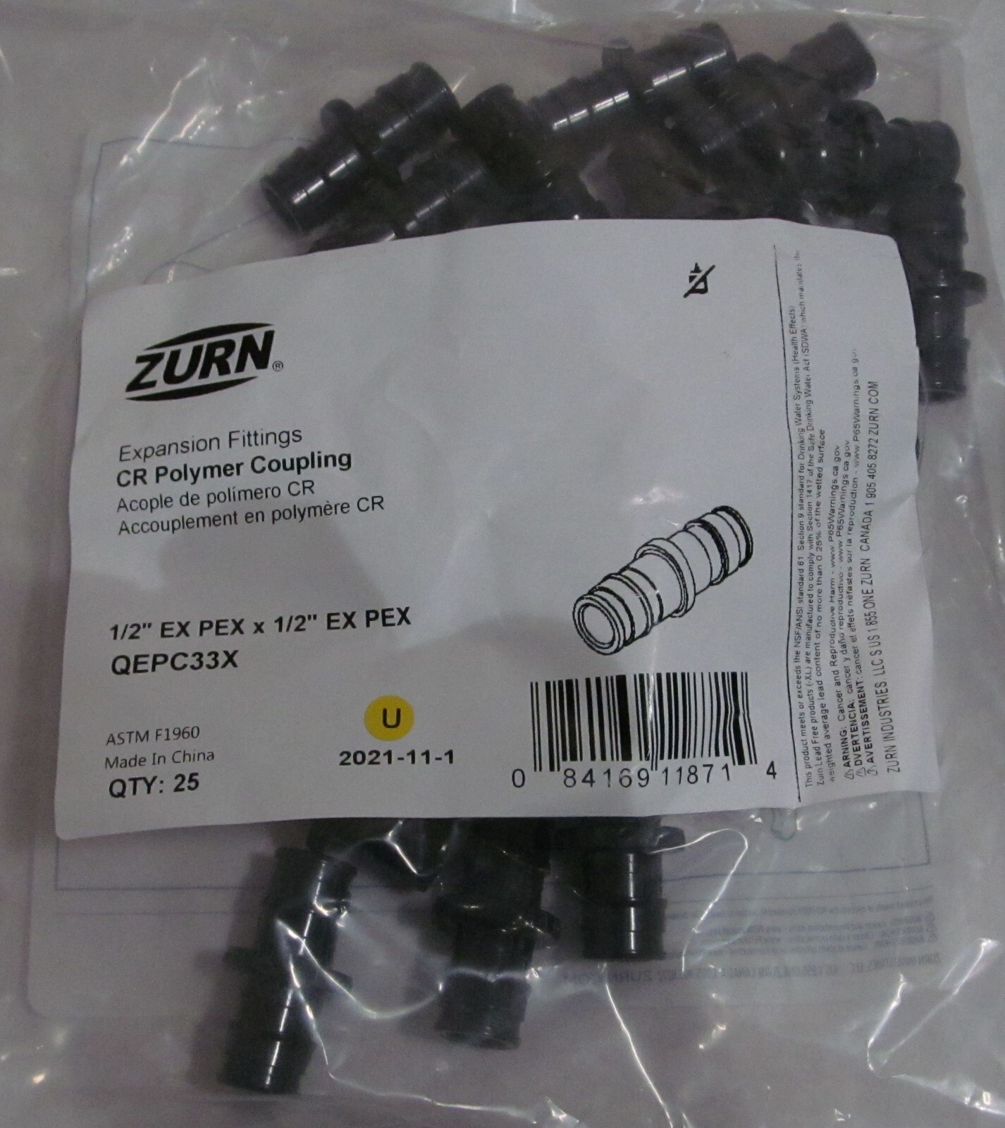 25-PACK NEW ZURN PEX QEPC33X 1/2" x 1/2" PEX EXPANSION CR POLYMER ...