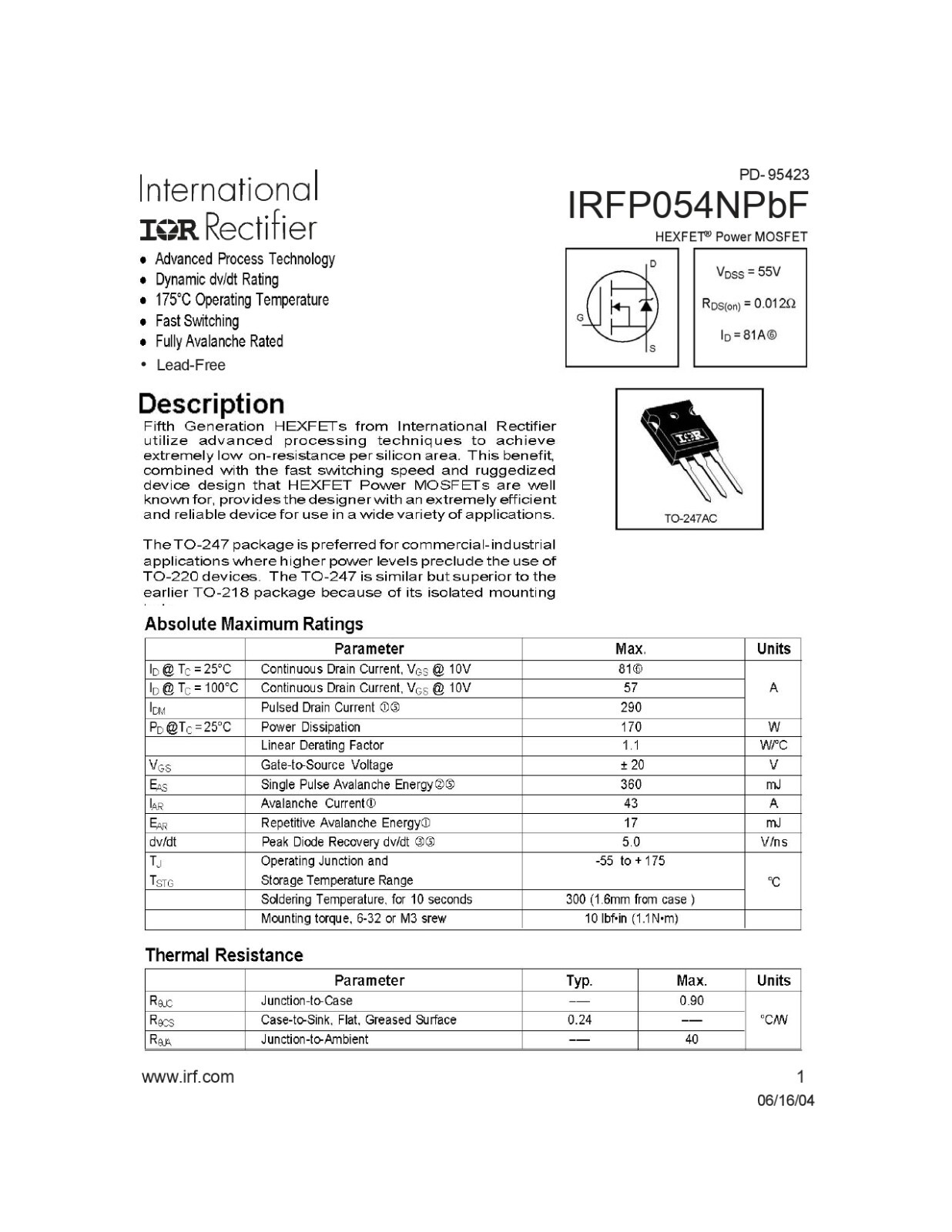 IRFP054NPBF MOSFET Transistor, General Purpose, N Channel, 72 A, 55 V ...