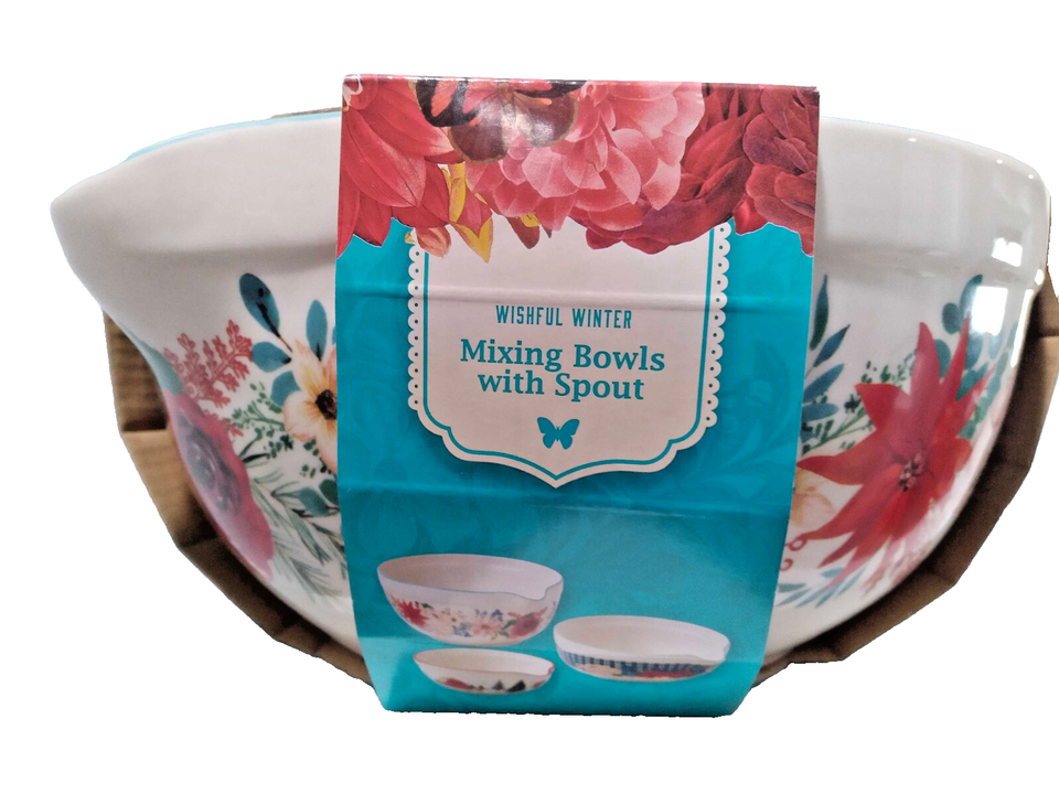 Pioneer Woman Wishful Winter set 3 piece mixing bowls with spout | eBay