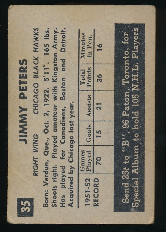 1952-53 Parkhurst Hockey #35 JIMMY PETERS (Chicago Blackhawks) | eBay