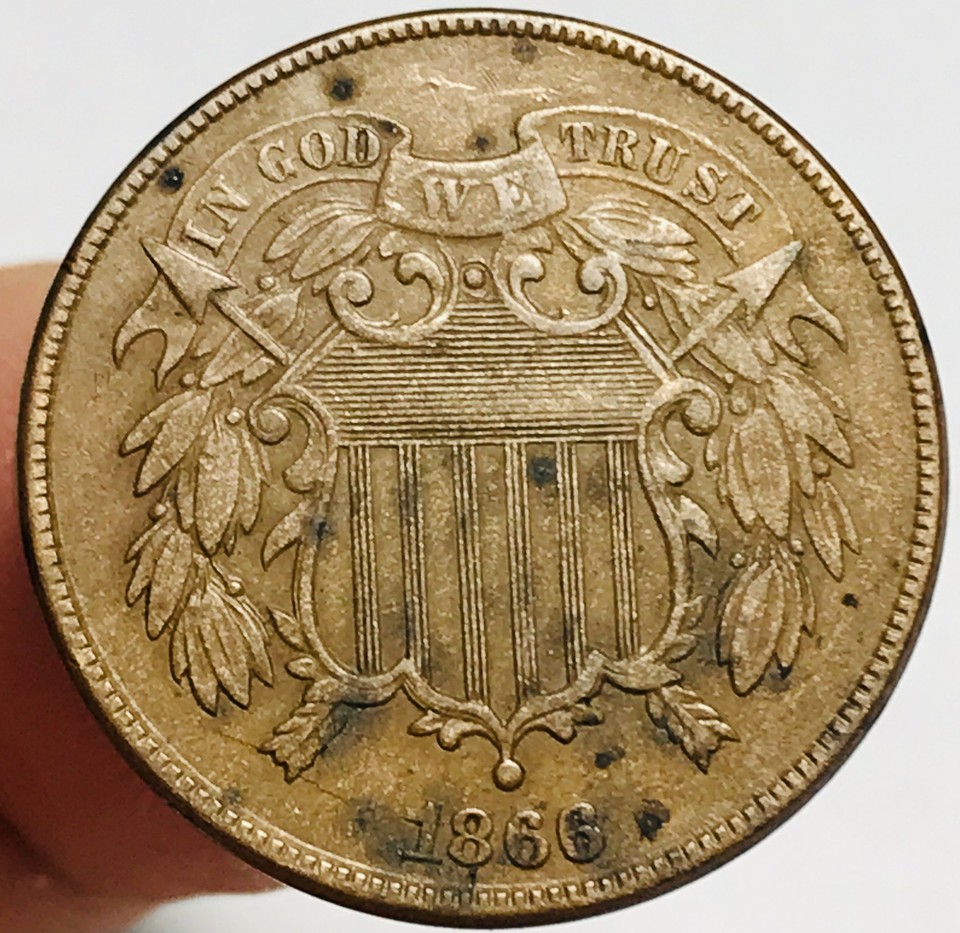 1866 Two Cent Piece 2C Ungraded Corroded FULL MOTTO US Copper Coin ...