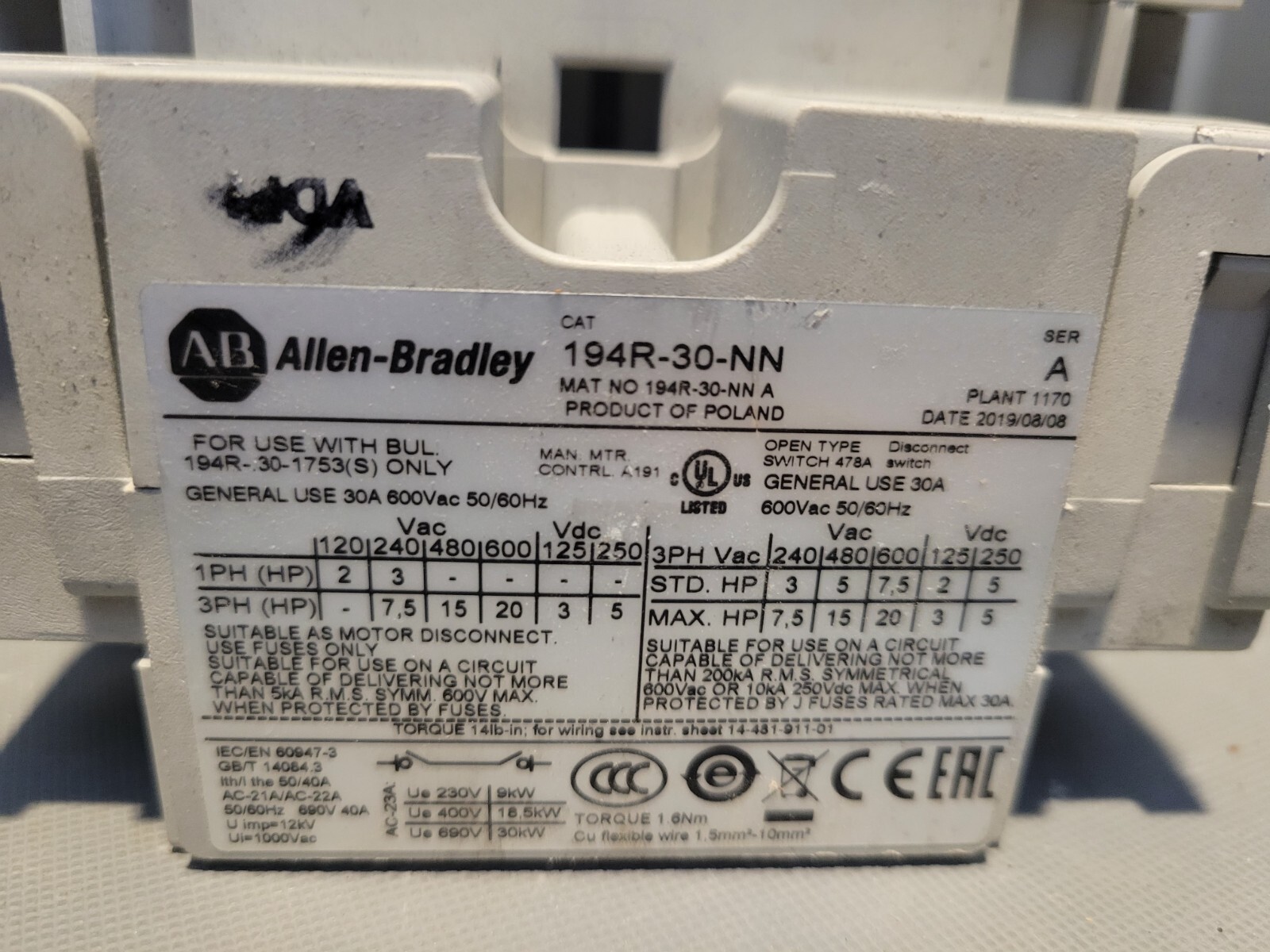 Allen Bradley Disconnect Switch, 30A, Series A, 194R-N30-1753 | eBay