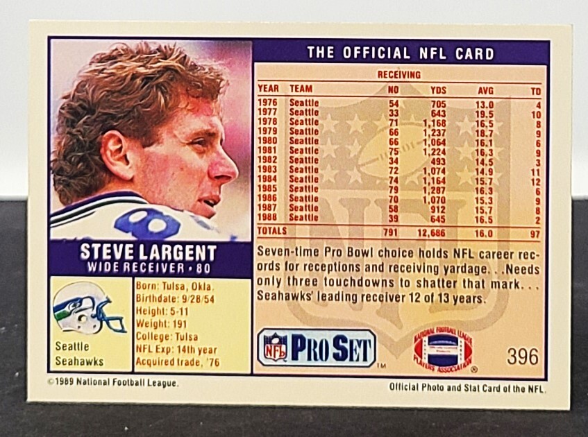 STEVE LARGENT Signed Autograph 1989 Pro Set Football Card #396 Seattle ...