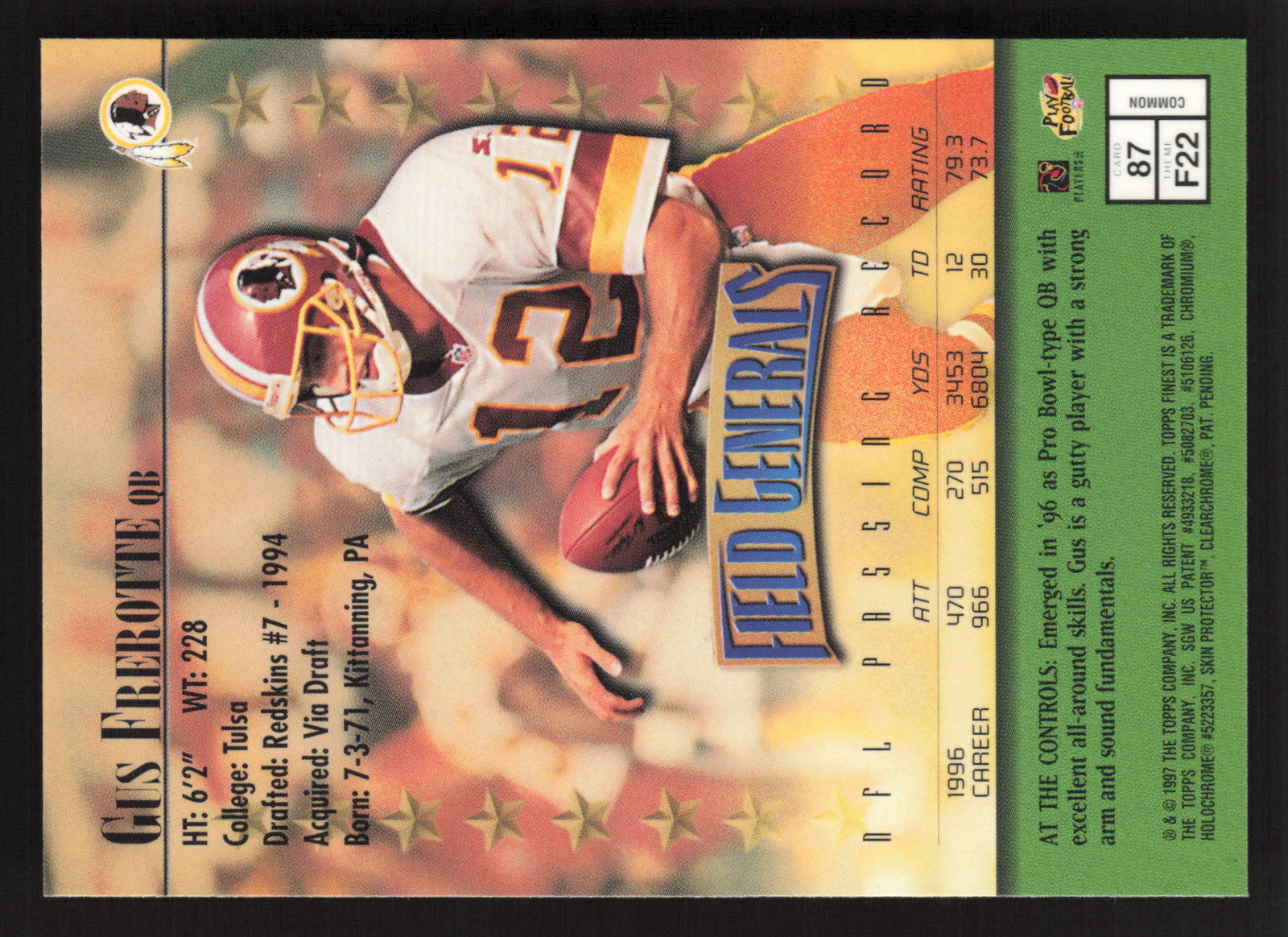 Gus Frerotte 1997 Topps Finest #87 Washington Redskins {0805 | eBay