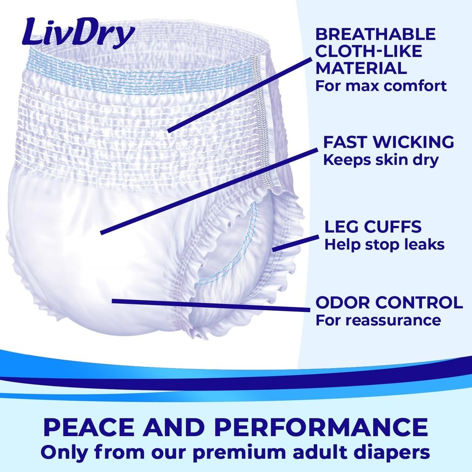 LivDry Adult XL Incontinence Underwear, Extra Absorbency Adult Diapers ...