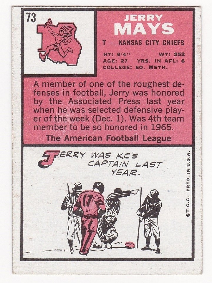 JERRY MAYS 1966 Topps Football # 73 Kansas City Chiefs Ex Plus | eBay