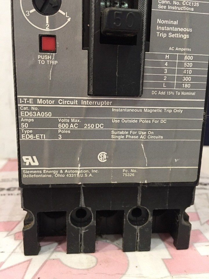 Siemens ITE Circuit Breaker ED63A050 50 Amp 600 Volt 3 Pole | eBay