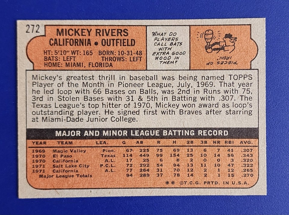Mickey Rivers Rookie Card 1972 Topps #272 Sharp Centered NM NR MINT ...