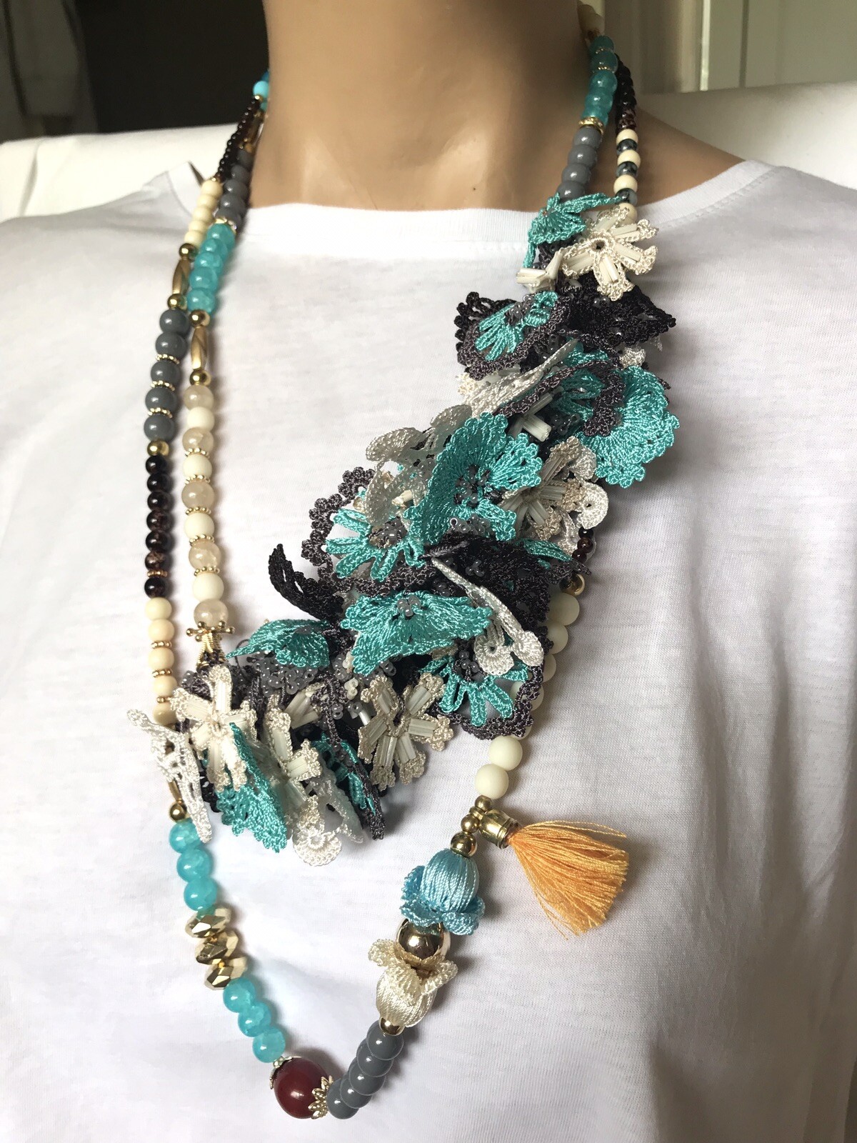 Blue Brown Crochet Choker, Crochet Collar, Boho Circle Necklace, Oya ...