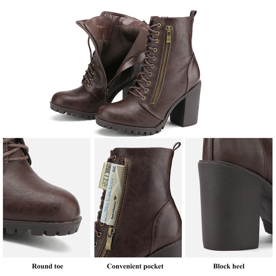 Women Lace Up Ankle Boots Chunky Block High Heel Combat Booties Shoes ...