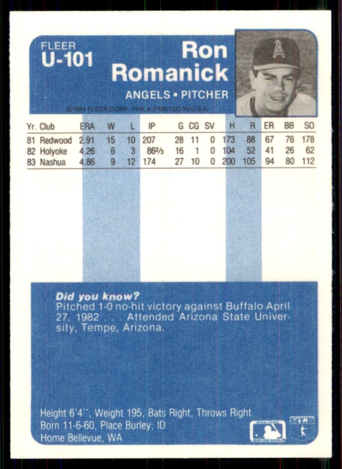 1984 Fleer Update Ron Romanick California Angels #U-101 | eBay