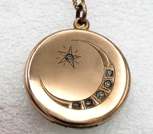ANTIQUE RBM BEE ATRICE JEWELED CRESENT MOON & STAR LOCKET & CHAIN ...