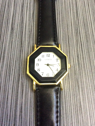 Geneva Women's Watch Octagon White Dial Arabic on a Black Leather Band ...