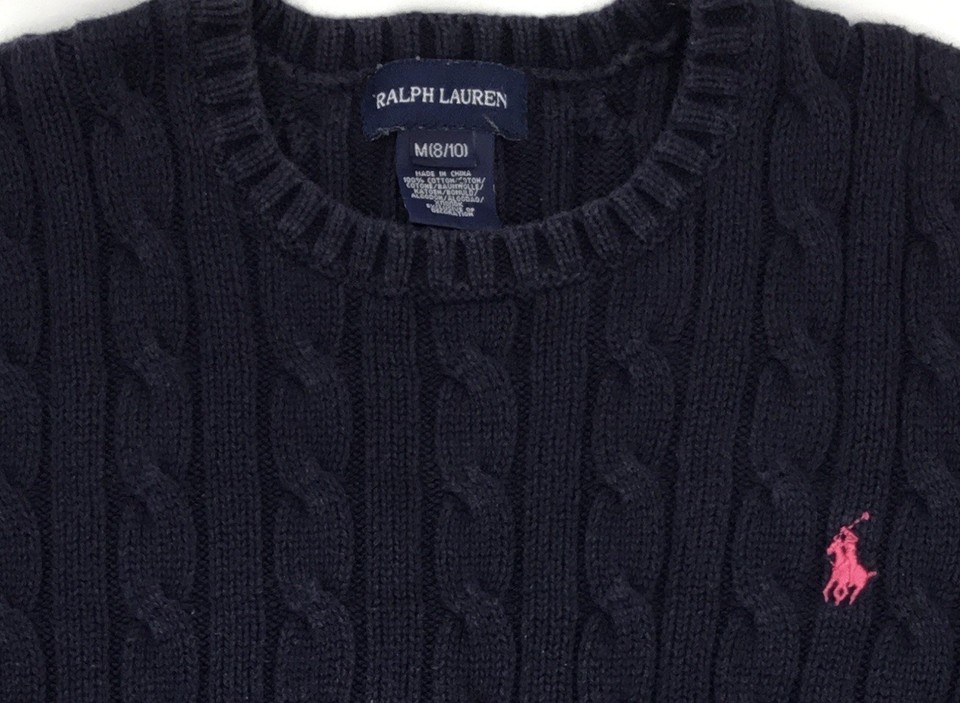 Ralph Lauren Navy Blue Pink Pony Cable Knit Sweater Girls Medium (8/10 ...