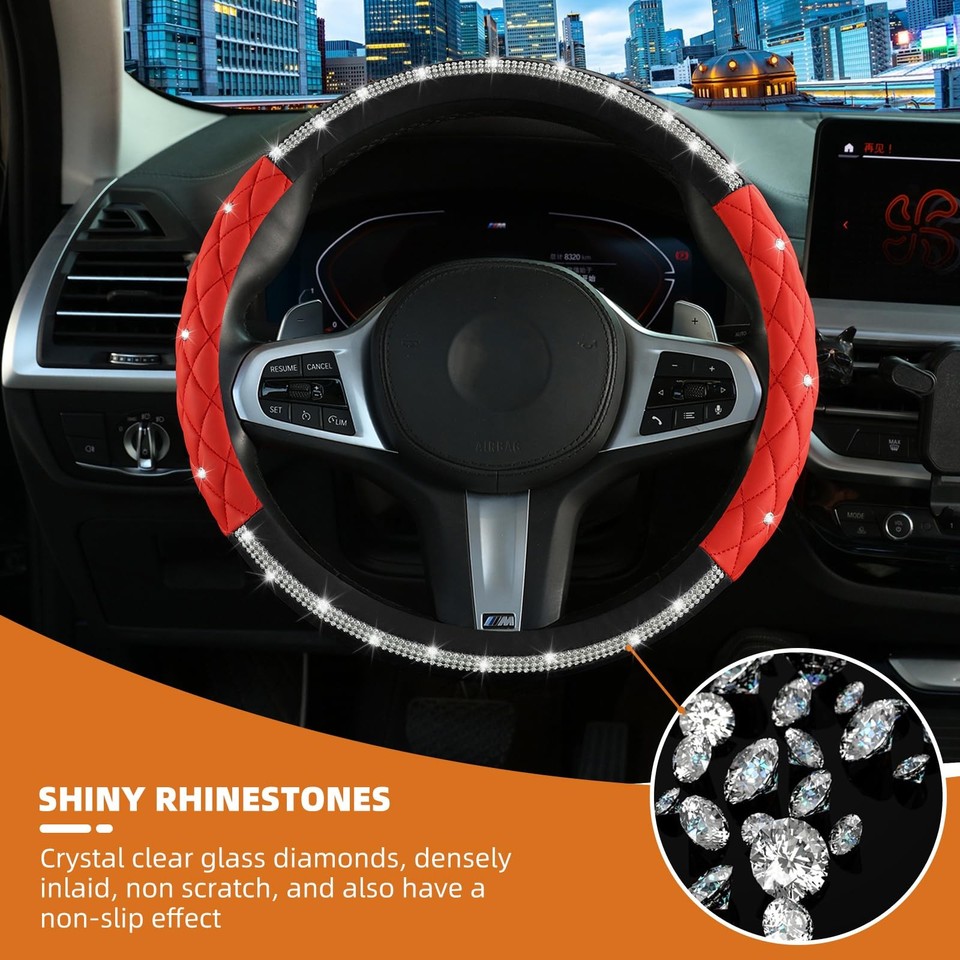 Diamond Bling Crystal Rhinestone Anti-Slip Car Steering Wheel Cover 14. ...