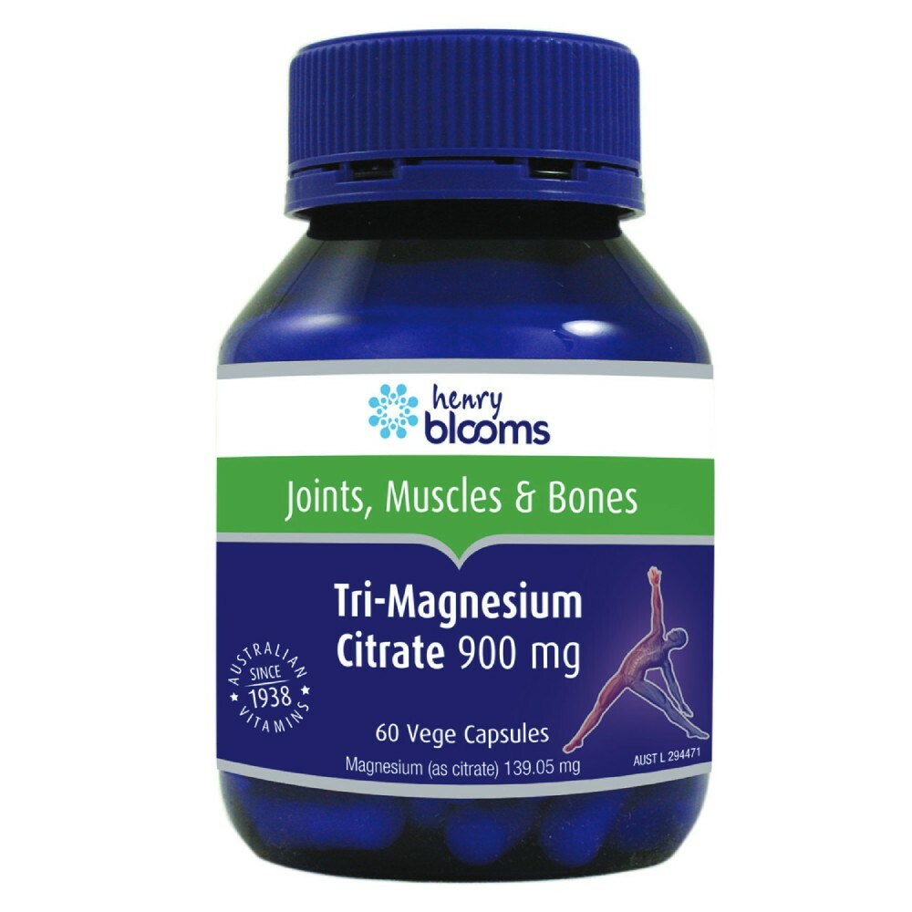 Henry Blooms Tri-Magnesium Citrate 900mg 60 Vege Capsules Muscle Cramps ...