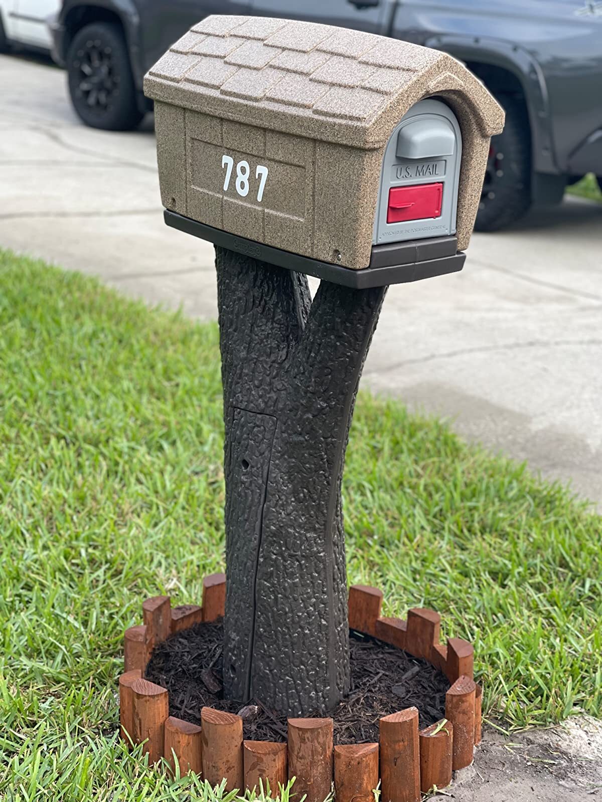 Unique Plastic Cabin Mailbox Post Faux Tree Branch/ Stump Base Front ...