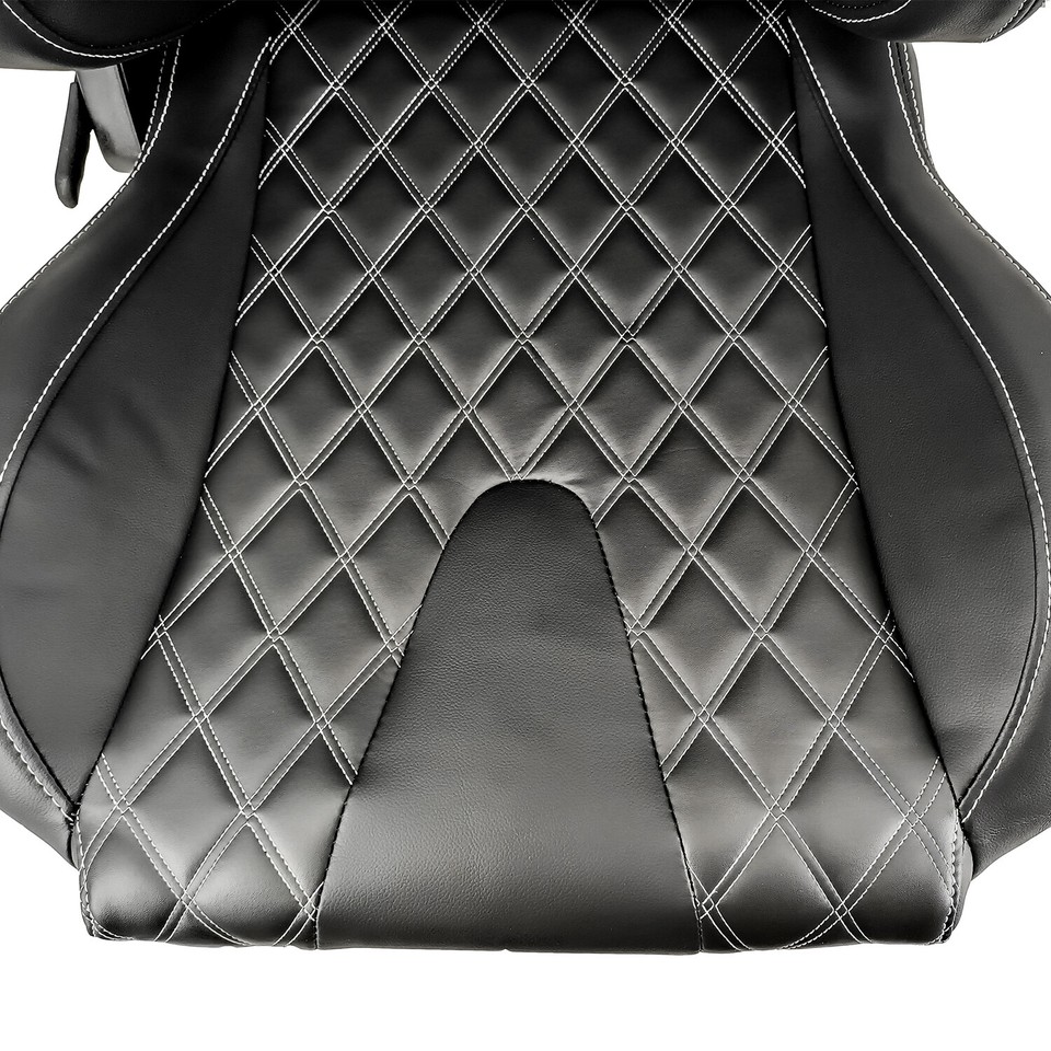 2 x BLACK PVC LEATHER/WHITE STITCH LEFT/RIGHT RACING BUCKET SEATS PAIR ...