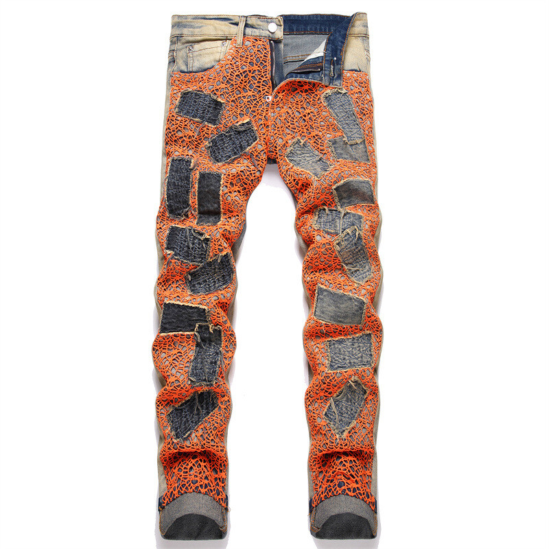 Men's Long Pants Multi Color Spider Web Letter Embroidered Casual Jeans ...