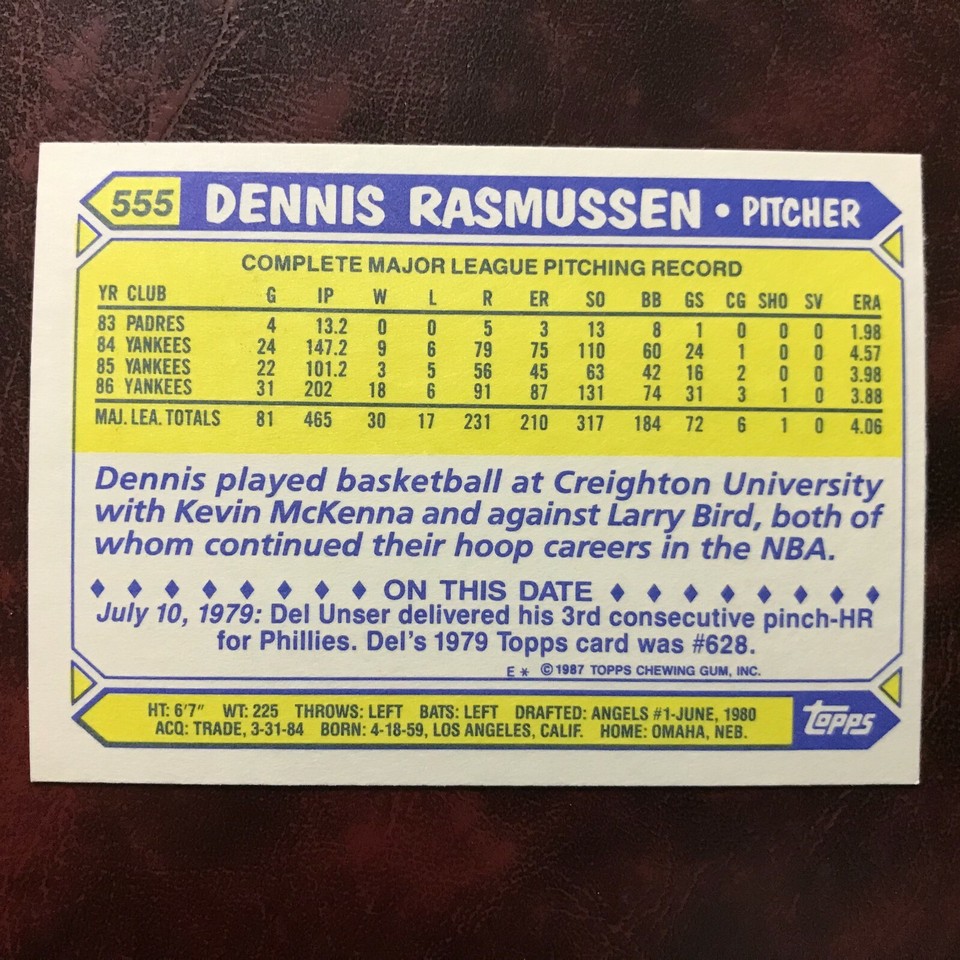 1987 Topps TIFFANY Set DENNIS RASMUSSEN #555 YANKEES * MINT * HIGH ...