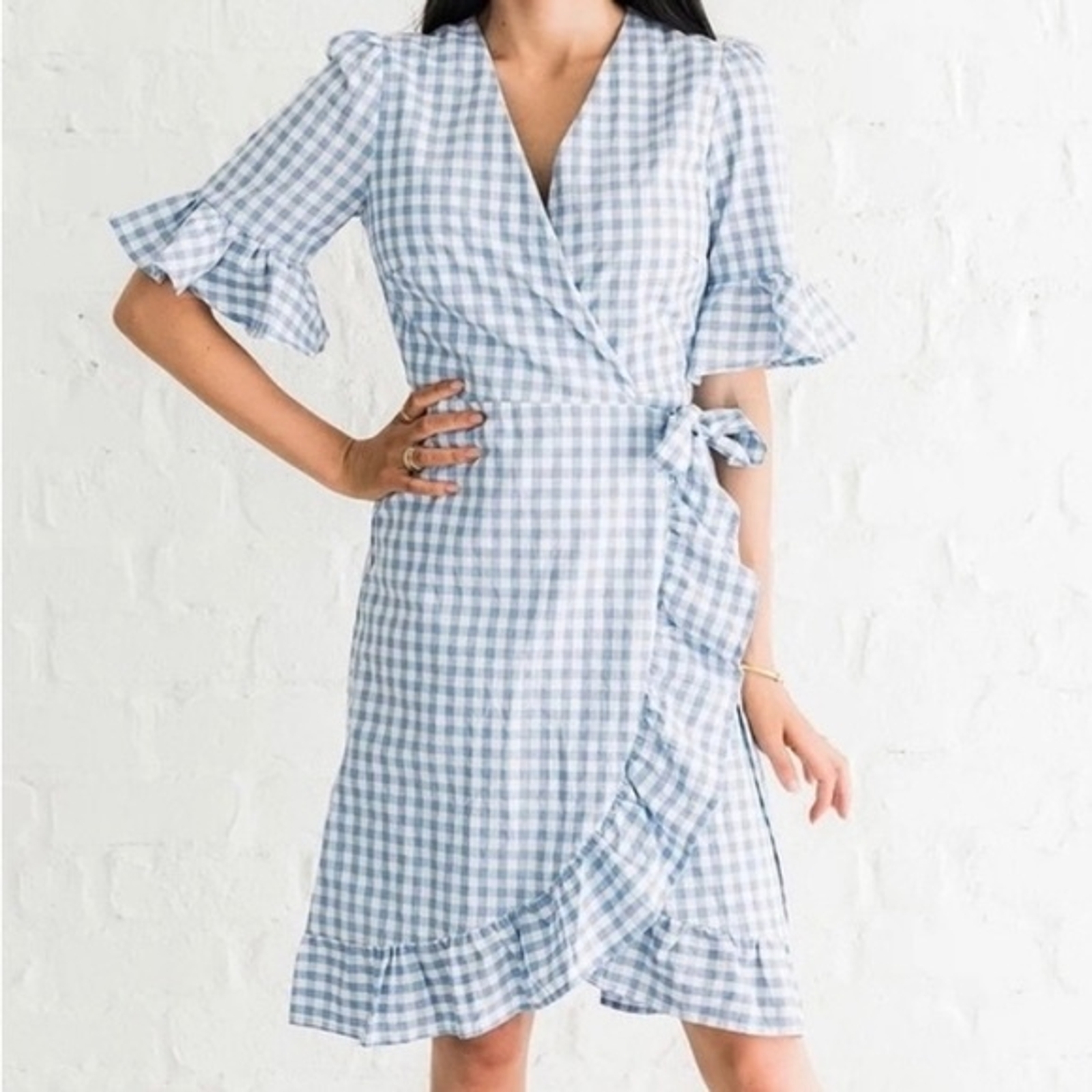 Storia Blue Gingham Wrap Ruffled Knee Length Dress Wo… - Gem