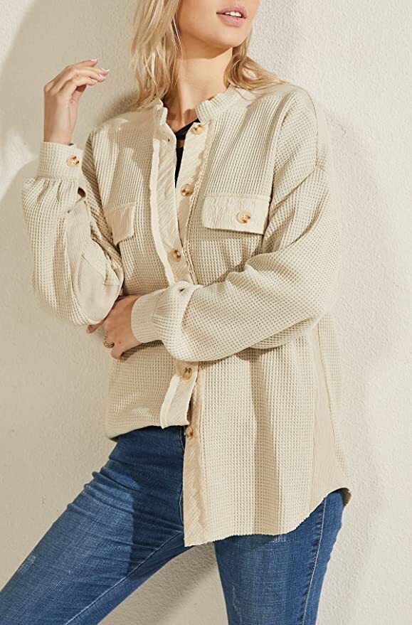 Women's Banded Collar Baggy Loose Fit Mid-Wt Frayed Waffle Knit Shacket ...