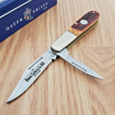 Queen Barlow Pocket Knife 1095HC Steel Blades Amber Winter Jigged Bone ...
