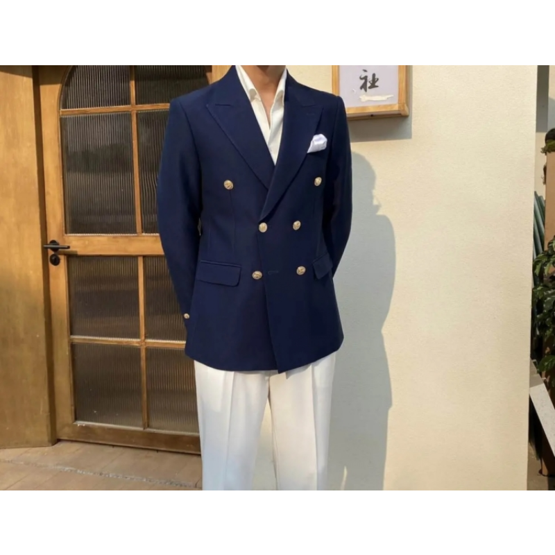 Men Casual Business Metal Buckle Suit Blazer Coat Double Breasted ...