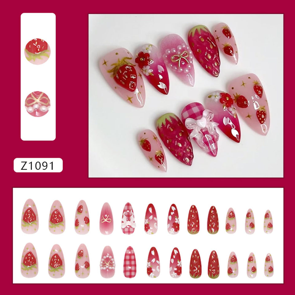 24Pcs Strawberry Flower Press on Nails Medium Almond Fake Nails Cute ...