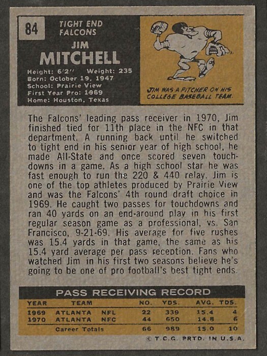 1971 Topps #84 JIM MITCHELL Atlanta Falcons ROOKIE - Crease Free Card ...