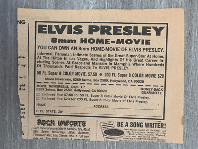 1978 MOVIE NEWS REELS 5.5x4.5" Print Ad VG+ 4.5 Elvis Presley 8mm Home ...