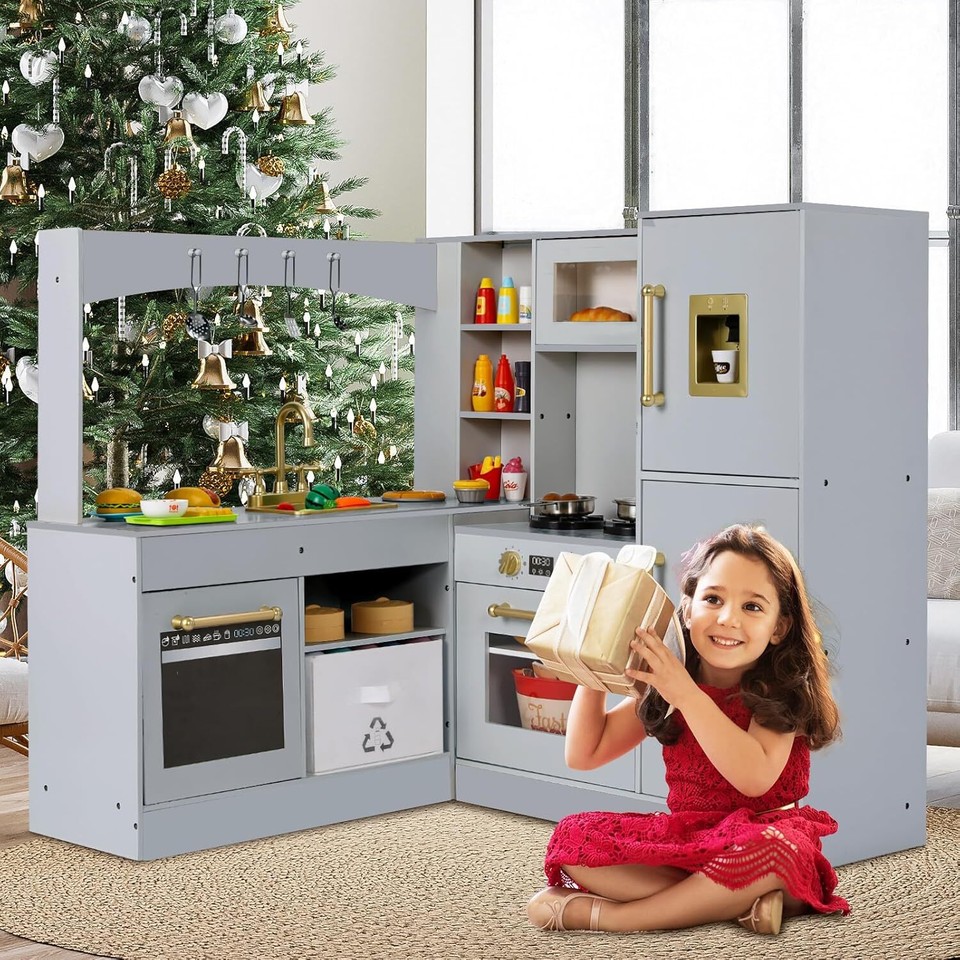 Corner Kids Kitchen Playset Wooden Pretend Cooking Toys W/ Lights ...