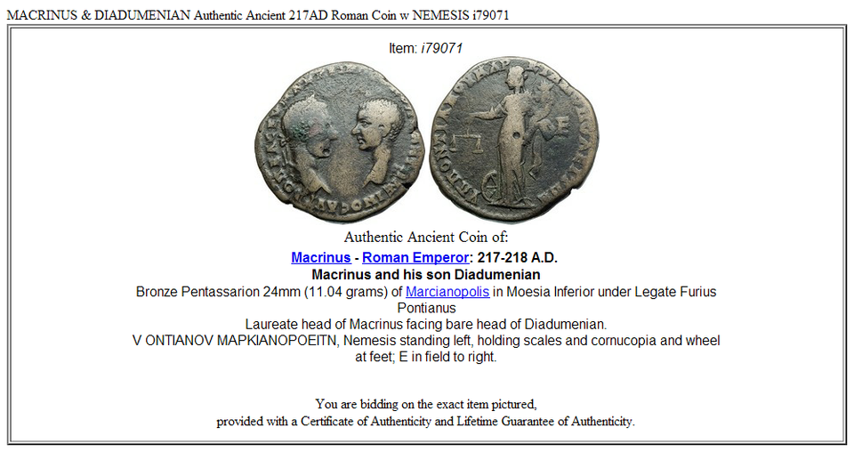 MACRINUS & DIADUMENIAN Authentic Ancient 217AD Roman Coin w NEMESIS ...