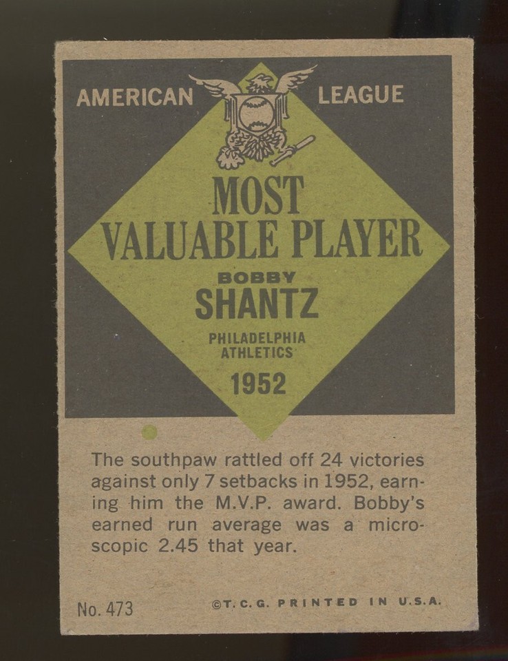 1961 Topps #473 Bobby Shantz MVP VG-EX. Kansas City Athletics | eBay