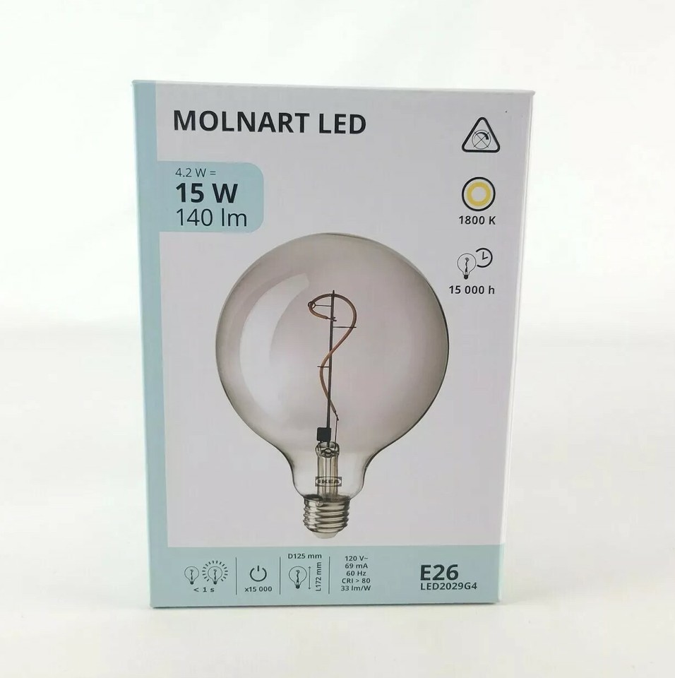 Ikea Molnart LED Bulb E26 140 Lumen Globe Gray Clear Glass 5" Spiral ...