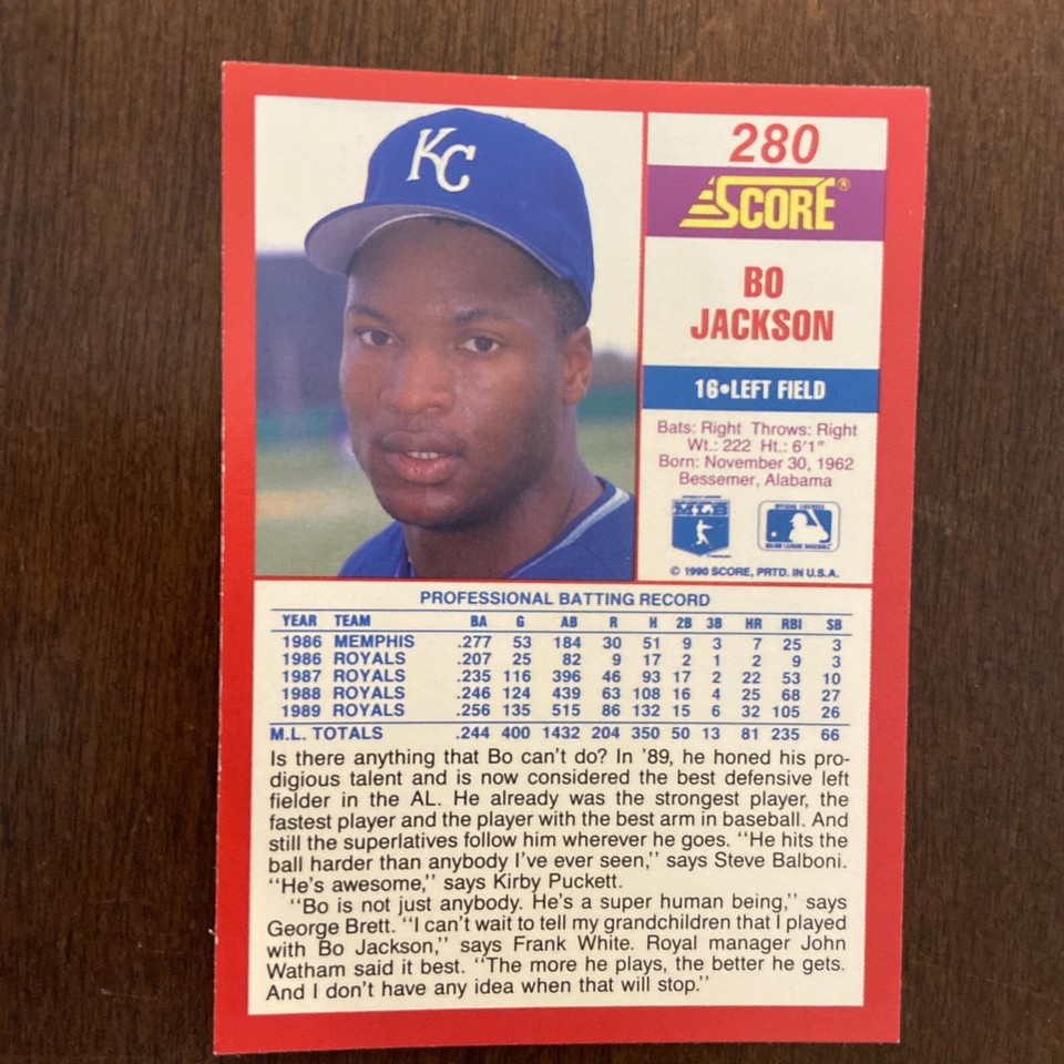 Bo Jackson 1990 Score ML Baseball Card # 280 Wantham Error On Back | eBay