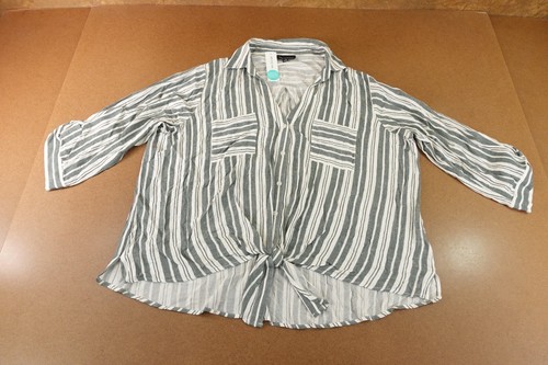 Fortune & Ivy Womens Size 2X Green Striped Long Sleeve Tie Front Blake ...