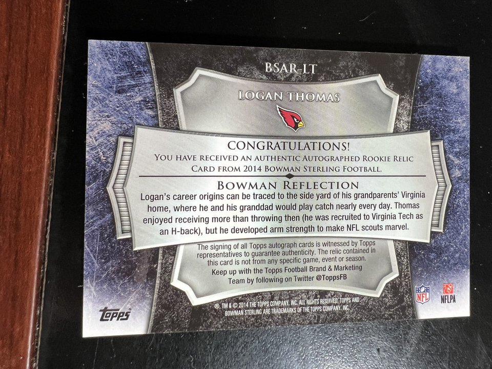 2014 Bowman Sterling - Autograph Rookie Relics #BSAR-LT Logan Thomas ...