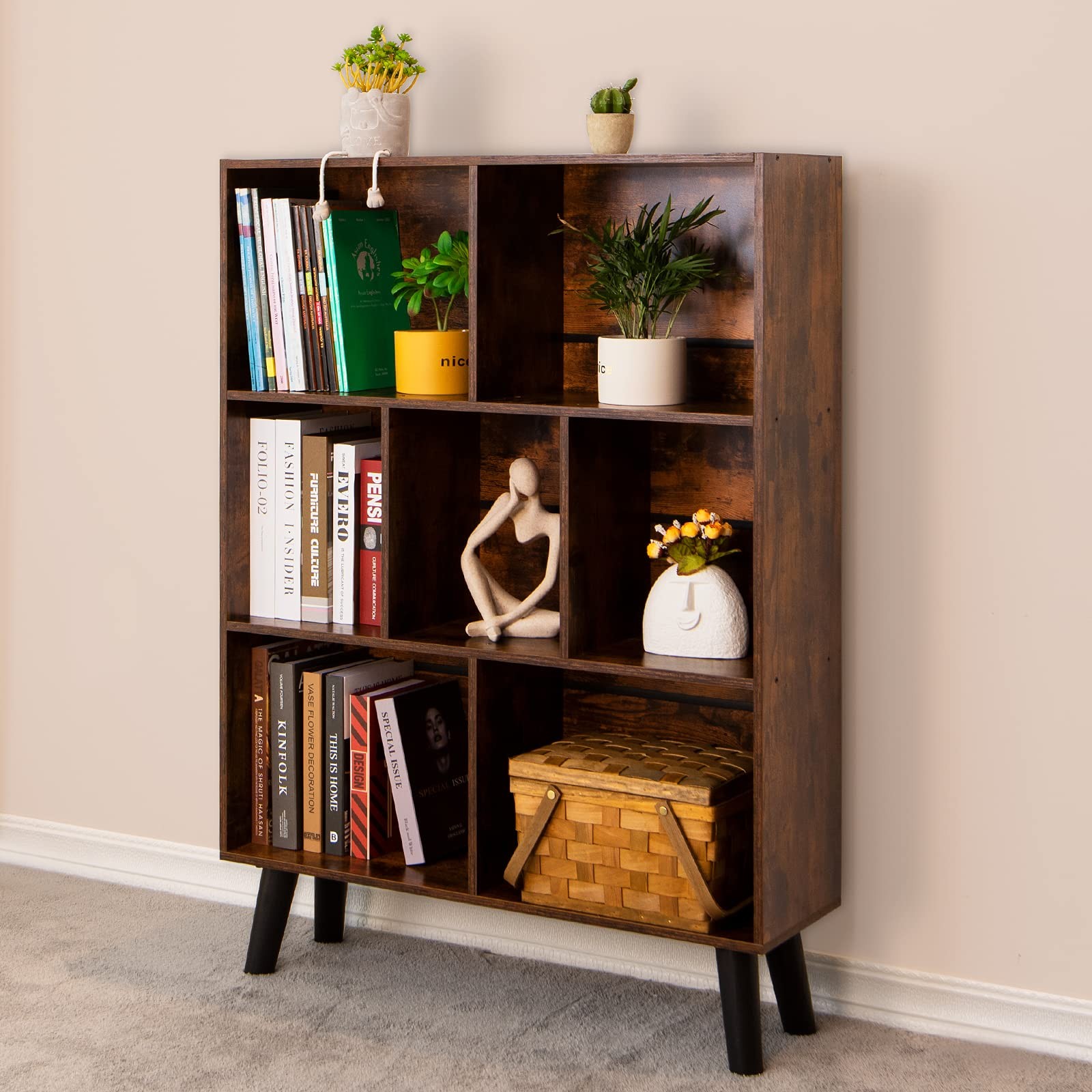 Cube Bookshelf 3 Tier Mid-Century Rustic Brown Modern Bookcase with ...