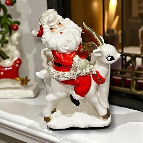 Vintage Lefton Santa on Reindeer Planter Vase Christmas #1498 Japan ...