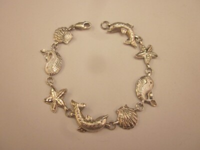 Sterling Silver Nautical Bracelet-Dolphin-Clam Shells-Starfish-Whale ...