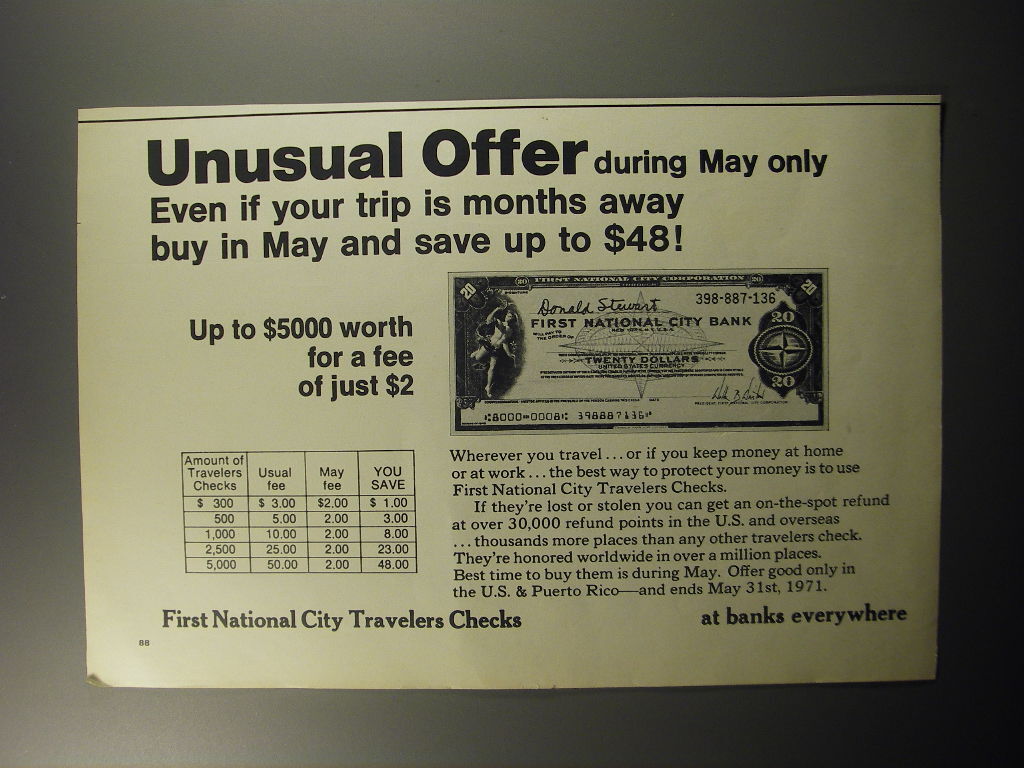 1971 First National City Travelers Checks Ad - Unusual offer during May ...