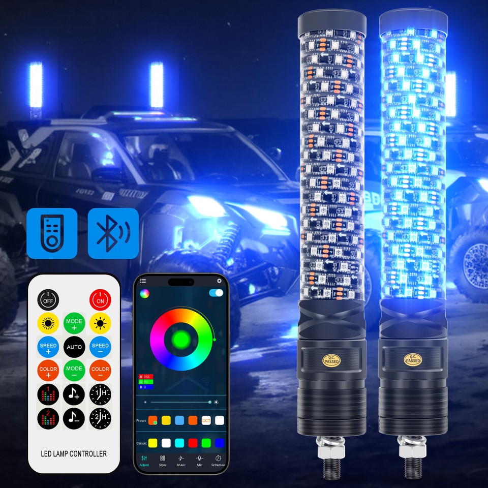 1ft Spiral RGB LED Fat Whip Light Antenna +Remote For ATV UTV Polaris ...