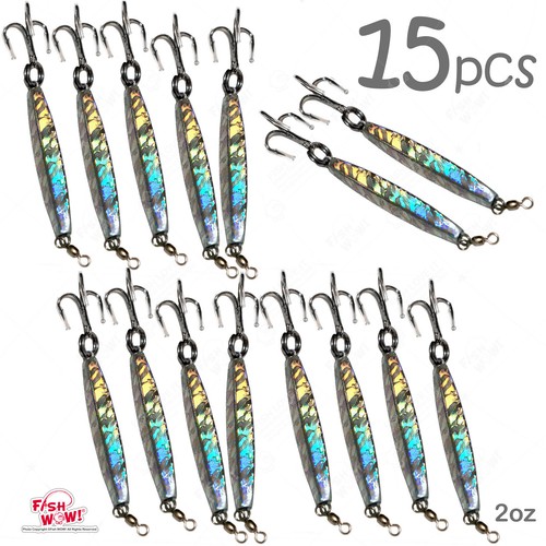15pcs 2oz Fishing Diamond Jig With Mylar Holographic Laser & a Treble ...