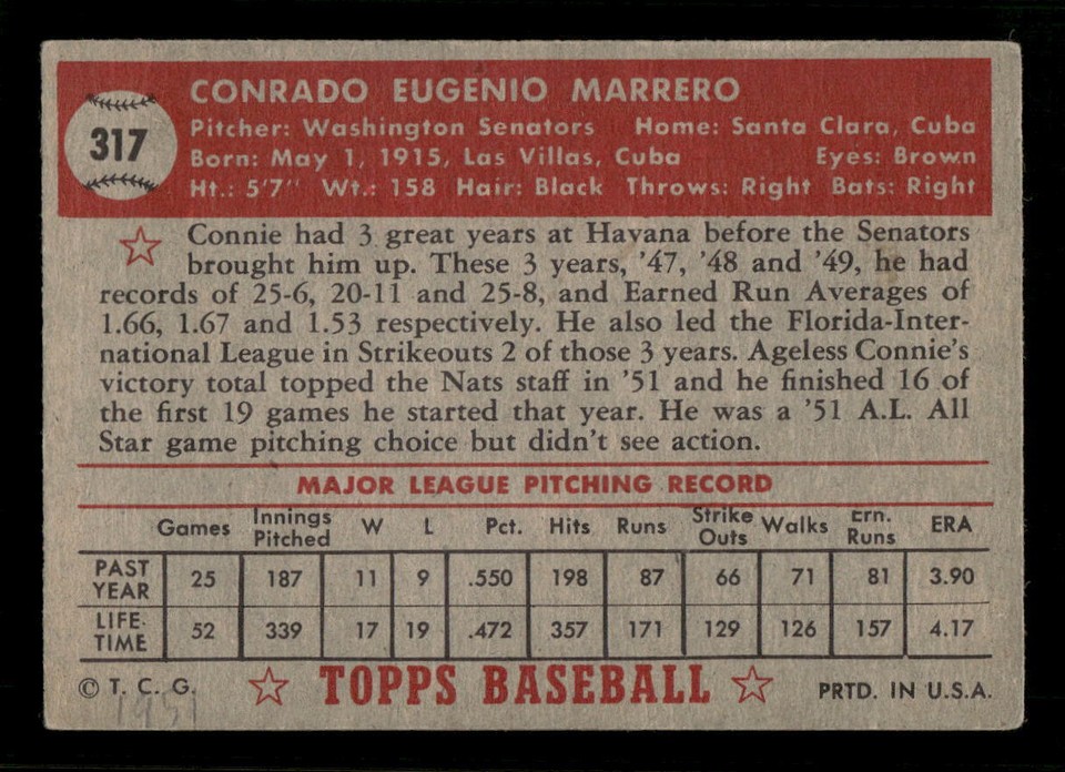 1952 Topps #317 Connie Marrero Washington Senators High Number EX ...