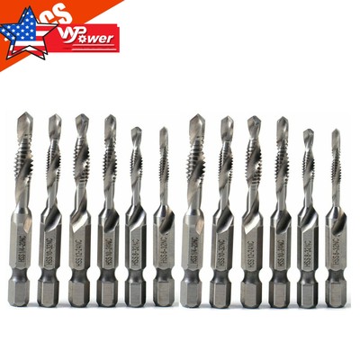 6/12PCS HSS 1/4" Hex Shank Titanium Coated Screw SAE Thread Tap Drill ...