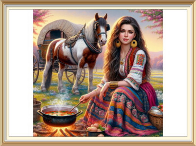 Art Print Traveller Romany Wagon Caravan Bow Top Gypsy Woman Horse Camp ...