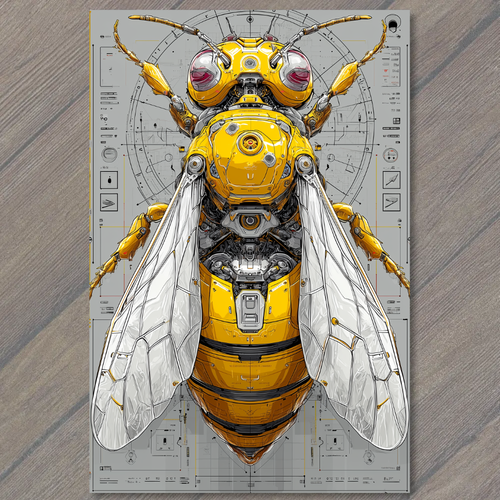 Art Print Cyber Bee Yellow Armor Robotics Wings Blueprint Mecha Bug ...