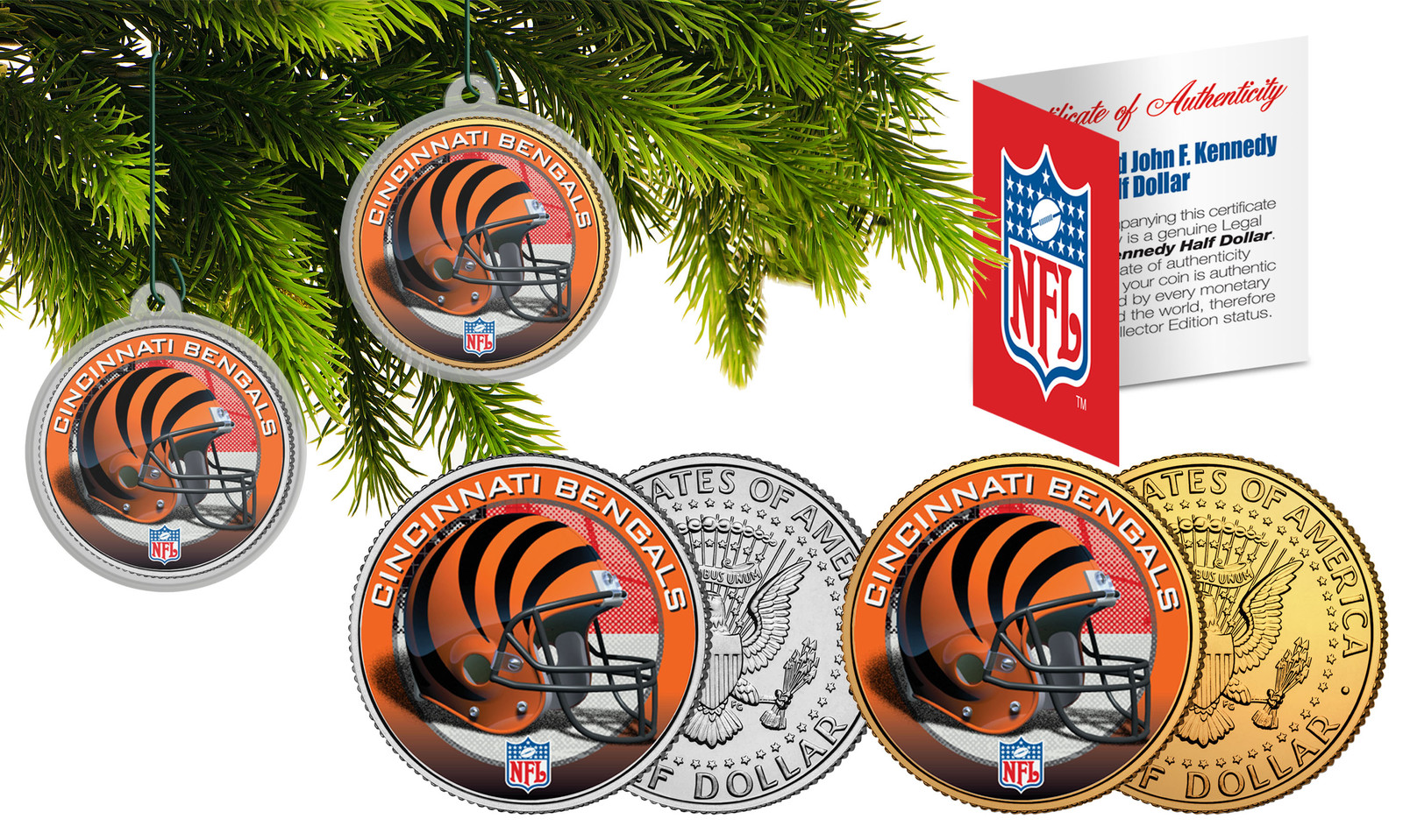 CINCINNATI BENGALS Christmas Tree Ornaments JFK Half Dollar US 2-Coin ...